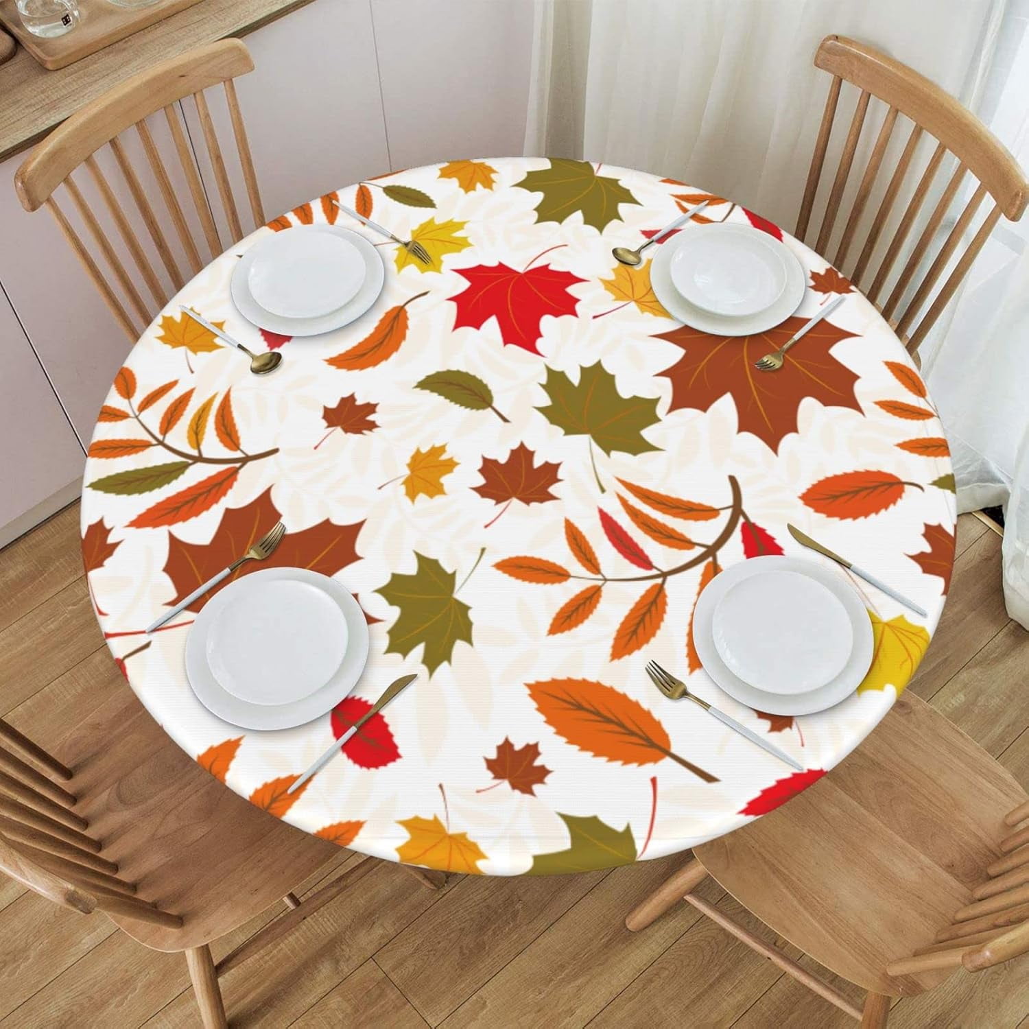 Round Table Cloth Fall Leaves Tablecloth Elastic Edge Fitted Autumn ...
