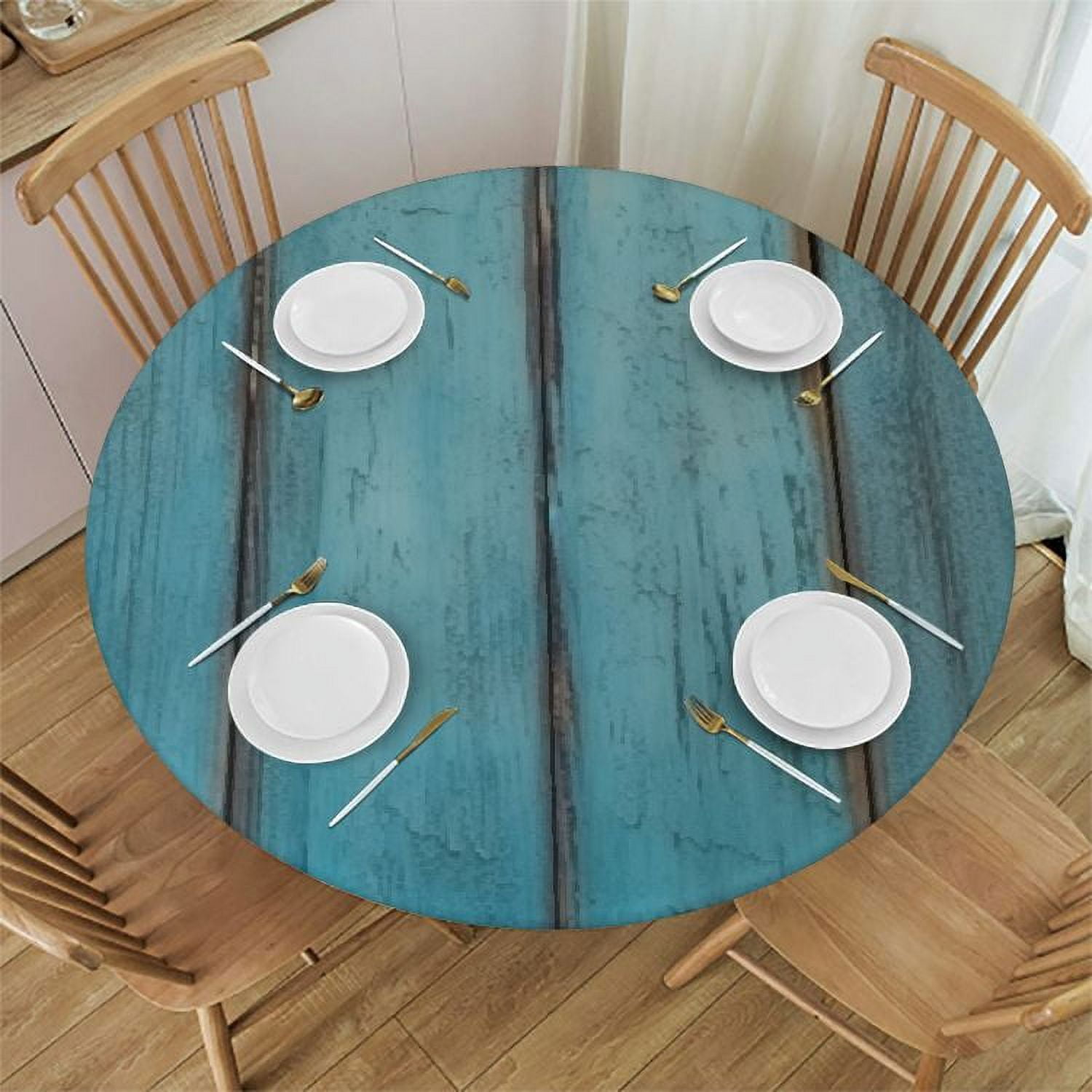 Round Table Cloth Shabby Turquoise Wood Grain Tablecloth Elastic Edge ...