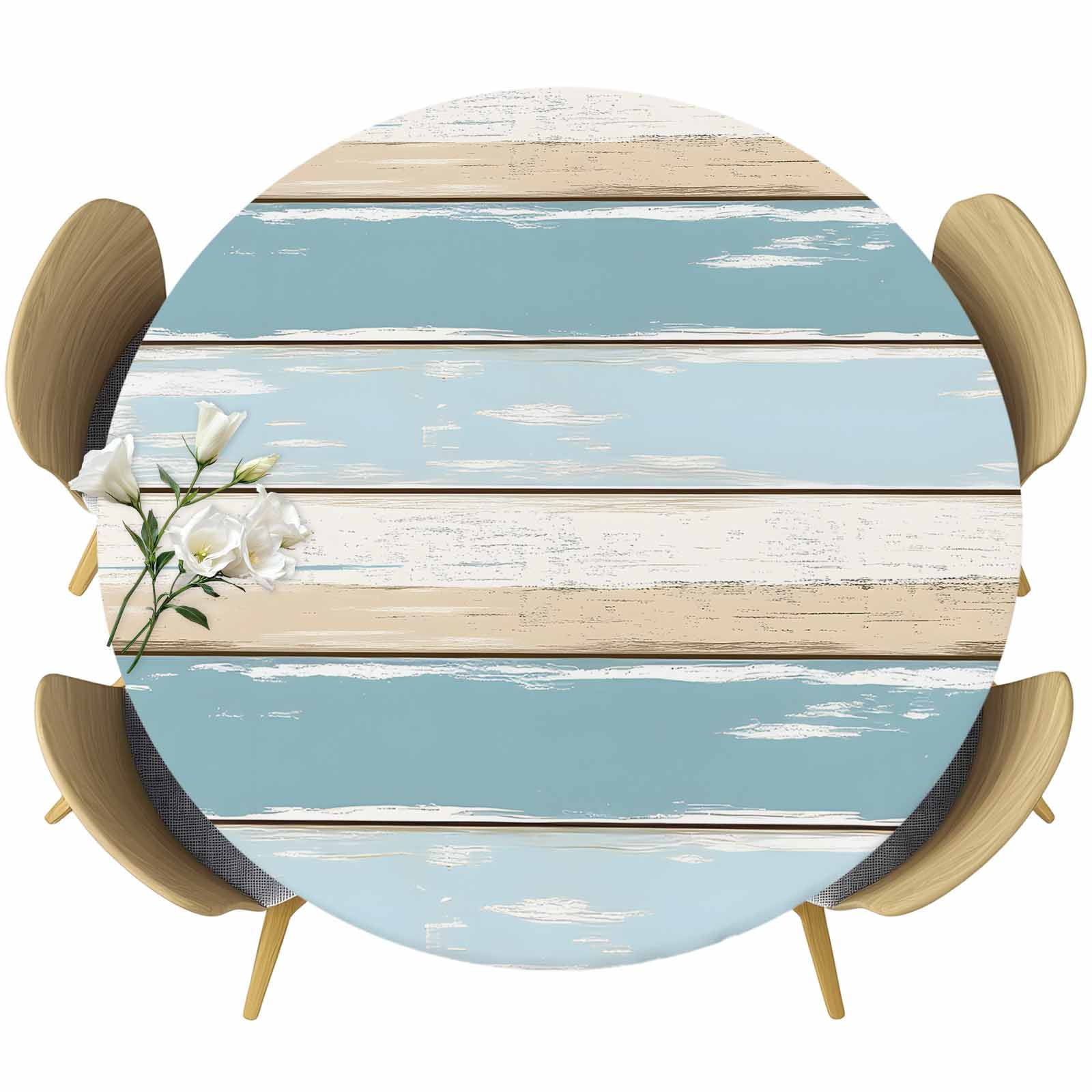 Round Table Cover 36-44 Inch Blue Wood Grain Waterproof Reusable Table ...