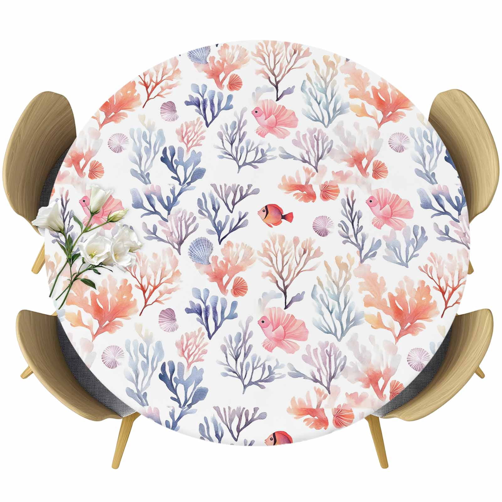 Round Table Cover 45-54 Inch Coastal Coral Waterproof Reusable Table ...
