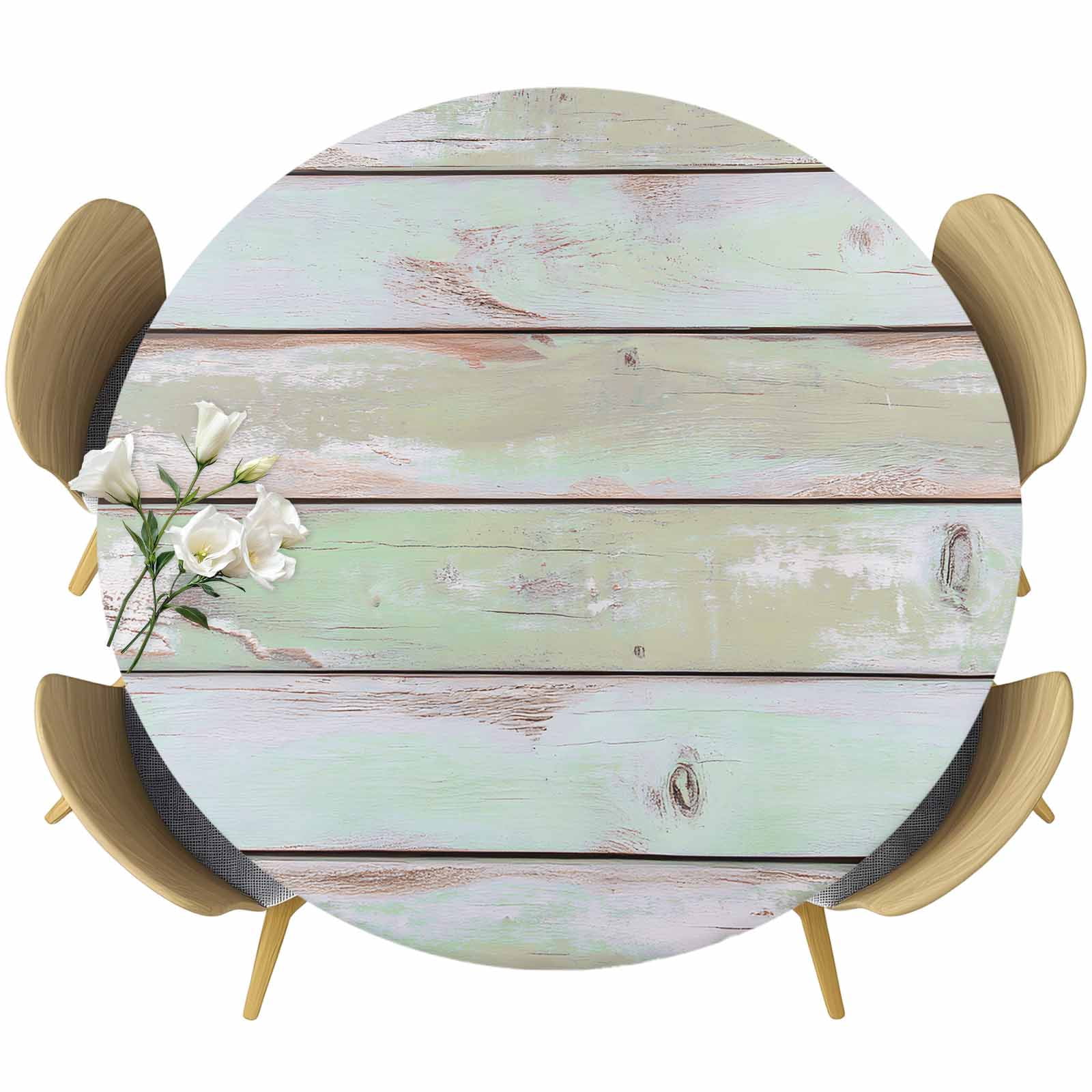 Round Table Cover 45-54 Inch Green Grey Wooden Waterproof Reusable ...