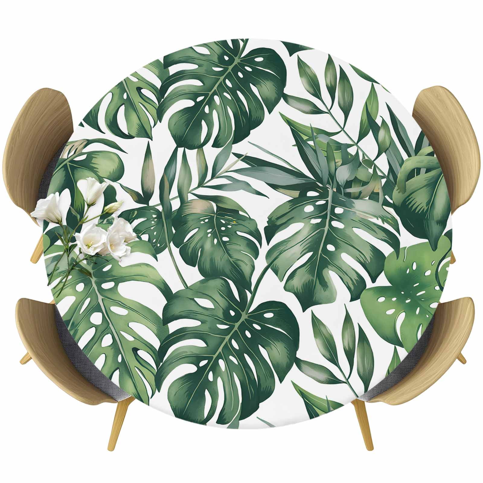 Round Table Cover 45-54 Inch Green Palm Leaves Waterproof Reusable Table Cloth Round Fitted ...