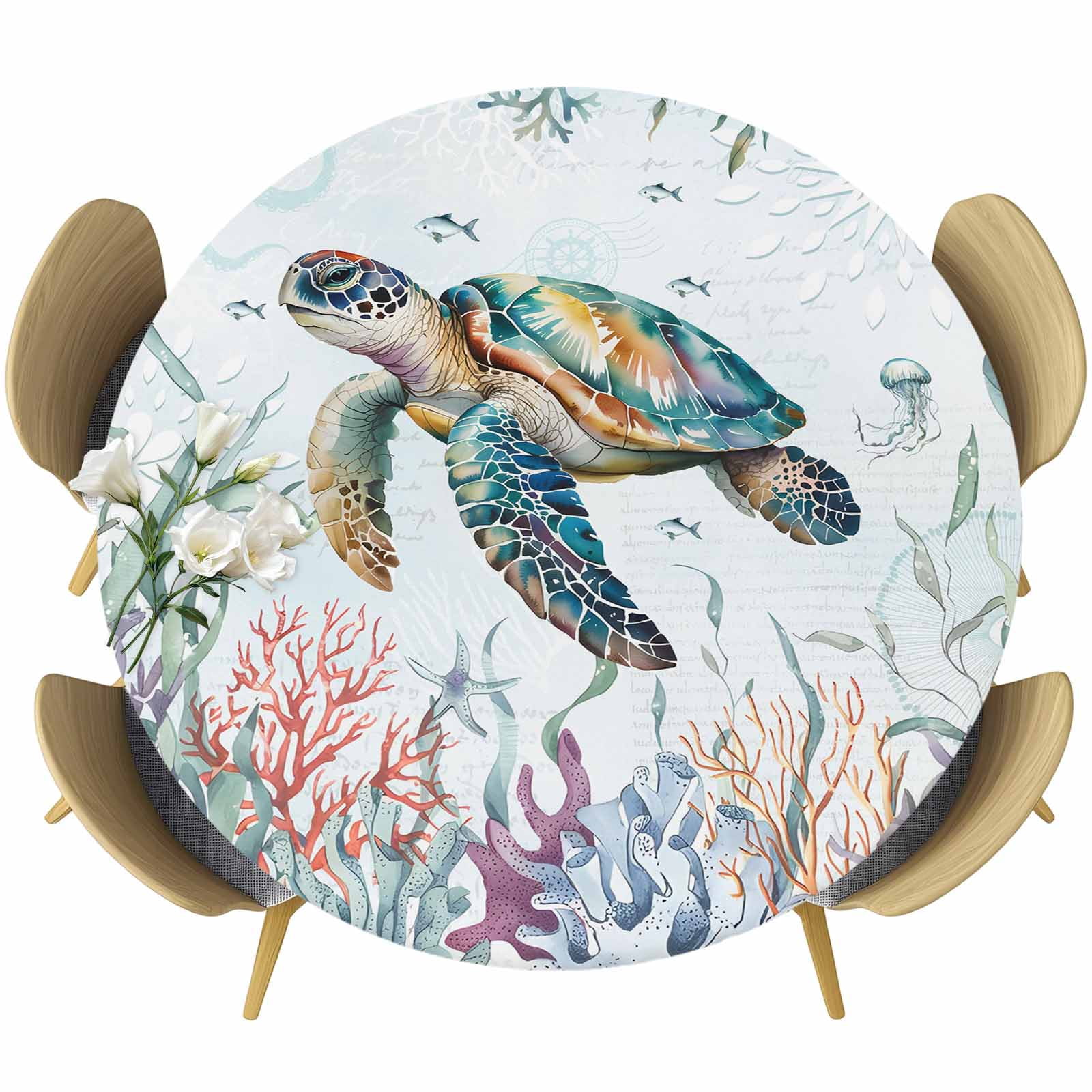 Round Table Cover 45-54 Inch Sea Turtle Coastal Waterproof Reusable ...