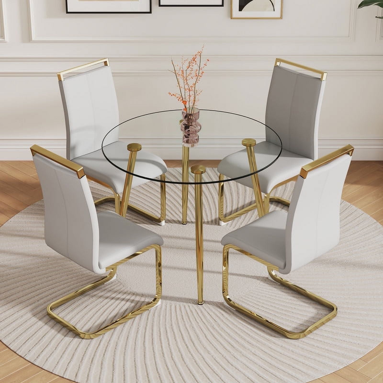 Round Table Set for 4, Sudica 40" Tempered Glass Gold Legs Dining Table ...