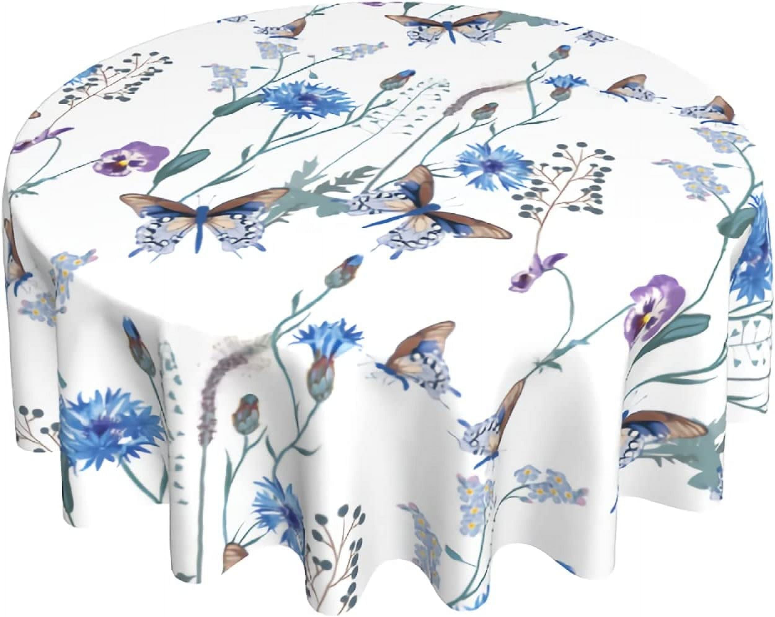 Round Tablecloth 60 Inch Blue Floral Butterfly Table Clothes Spring ...