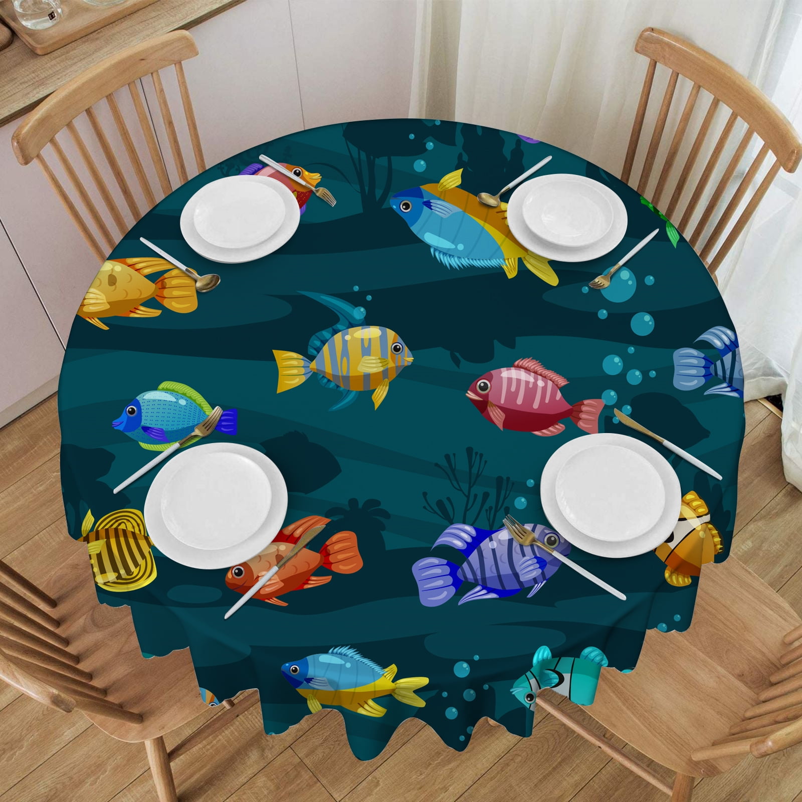 Round Tablecloth 60 Inch, Cartoon Cute Tropical Fishes Waterproof Heat ...