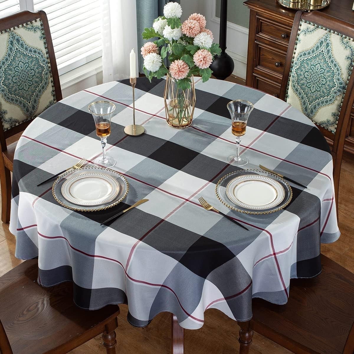 Round Tablecloth 60 Inch Checkered Table Cloths Spillproof Anti-Shrink ...