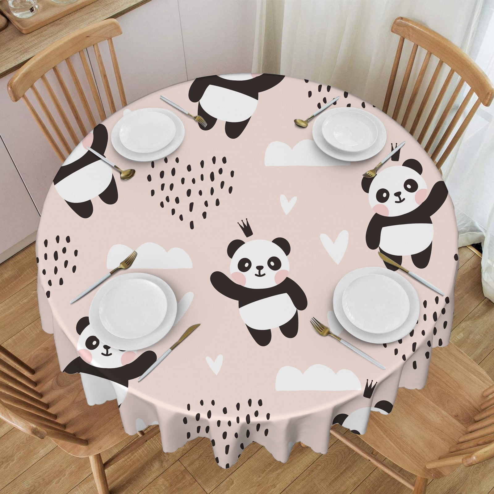 Round Tablecloth 60 Inch, Pink Cute Panda Bear Waterproof Heat ...