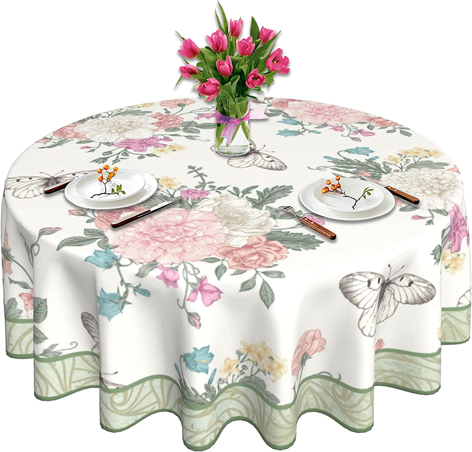 Round Tablecloth 60 Inch, Spring Floral Butterfly Green White Table ...