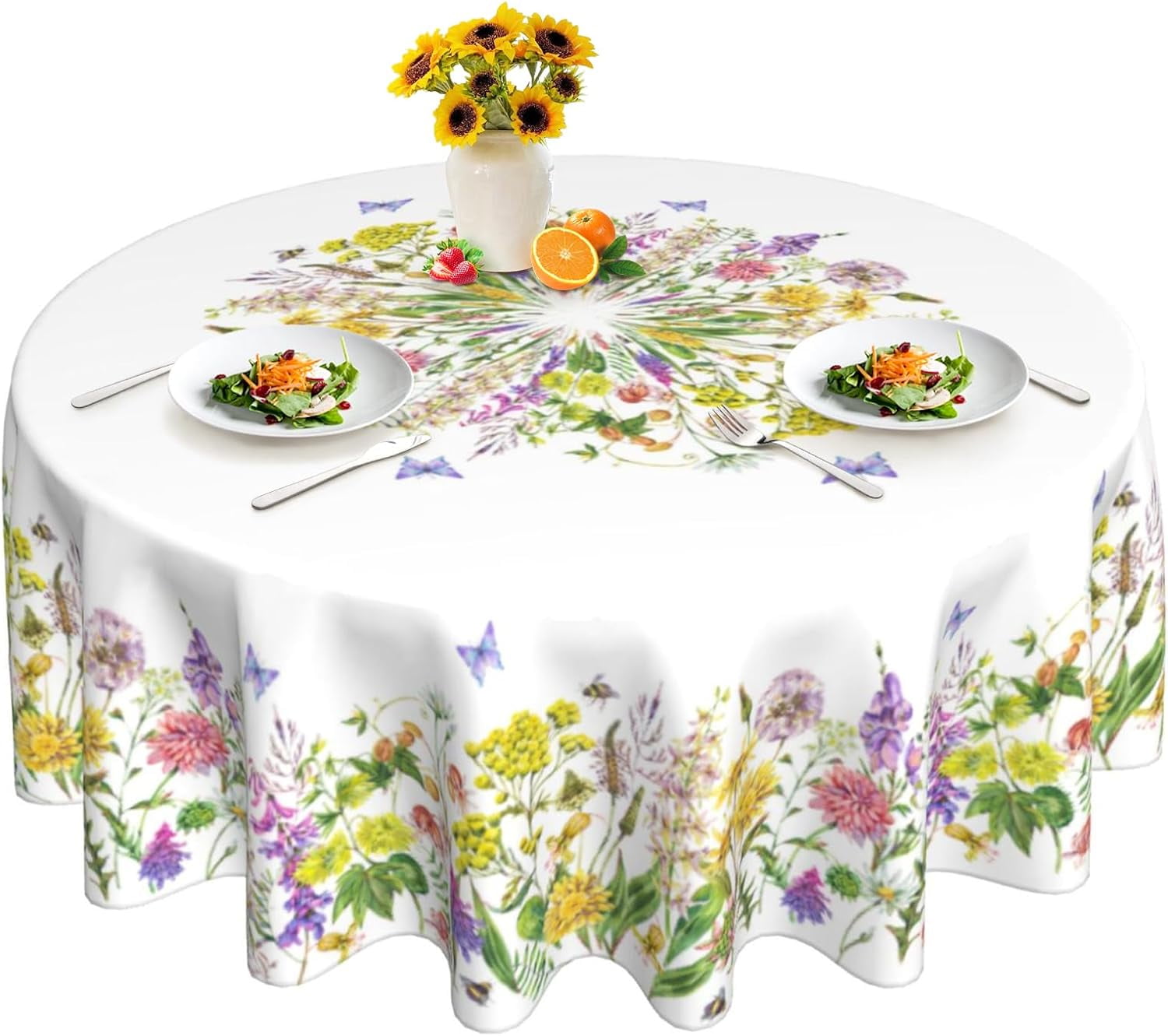 Round Tablecloth 60 Inch, Spring Floral Flower Butterfly Table Cloth ...