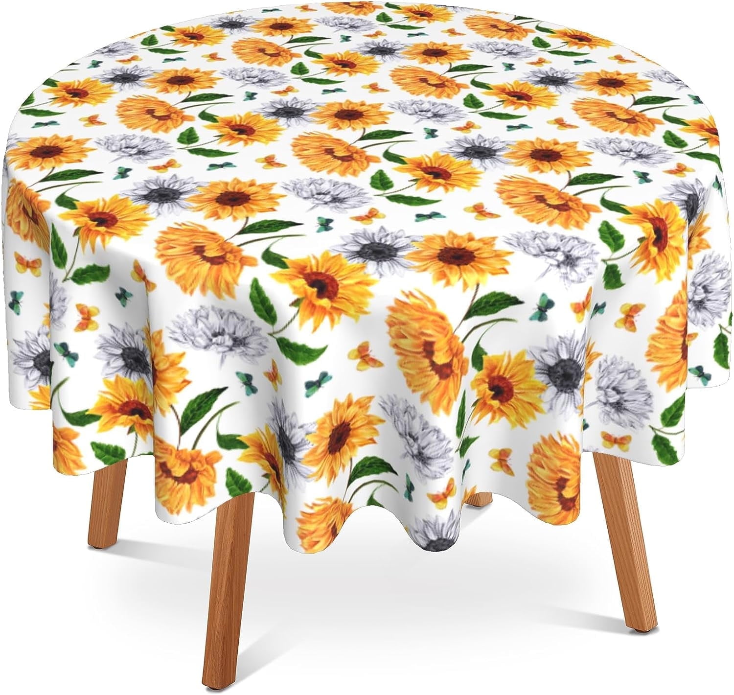 Round Tablecloth 60 Inch,Sunflowers and Butterflies Waterproof Table ...