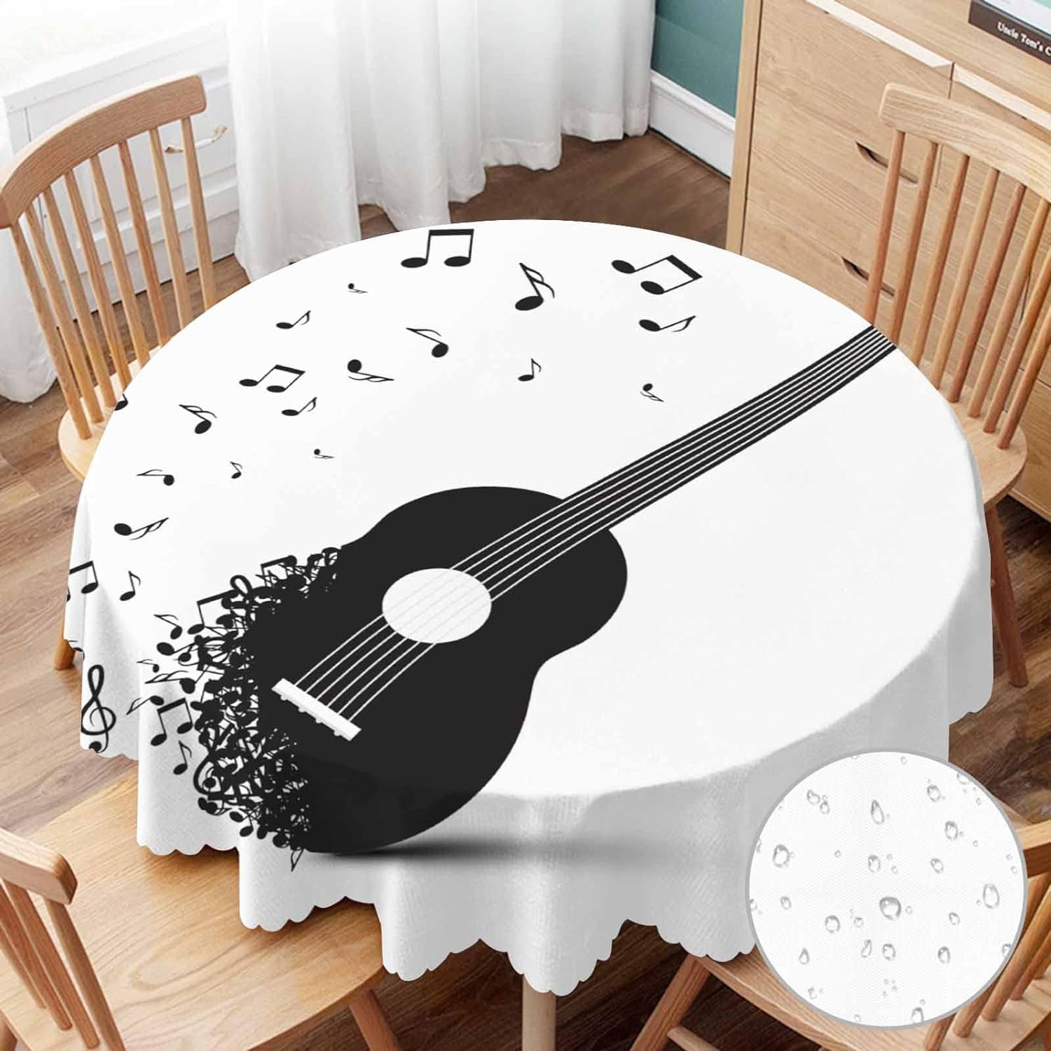 Round Tablecloth 60 inch Black Guitar with Notes Tablecloth Classical ...