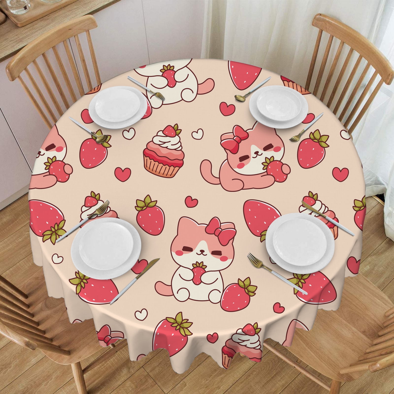 Round Tablecloth 60 inch, Cute Strawberry Cupcake And Cat Table Cloth ...