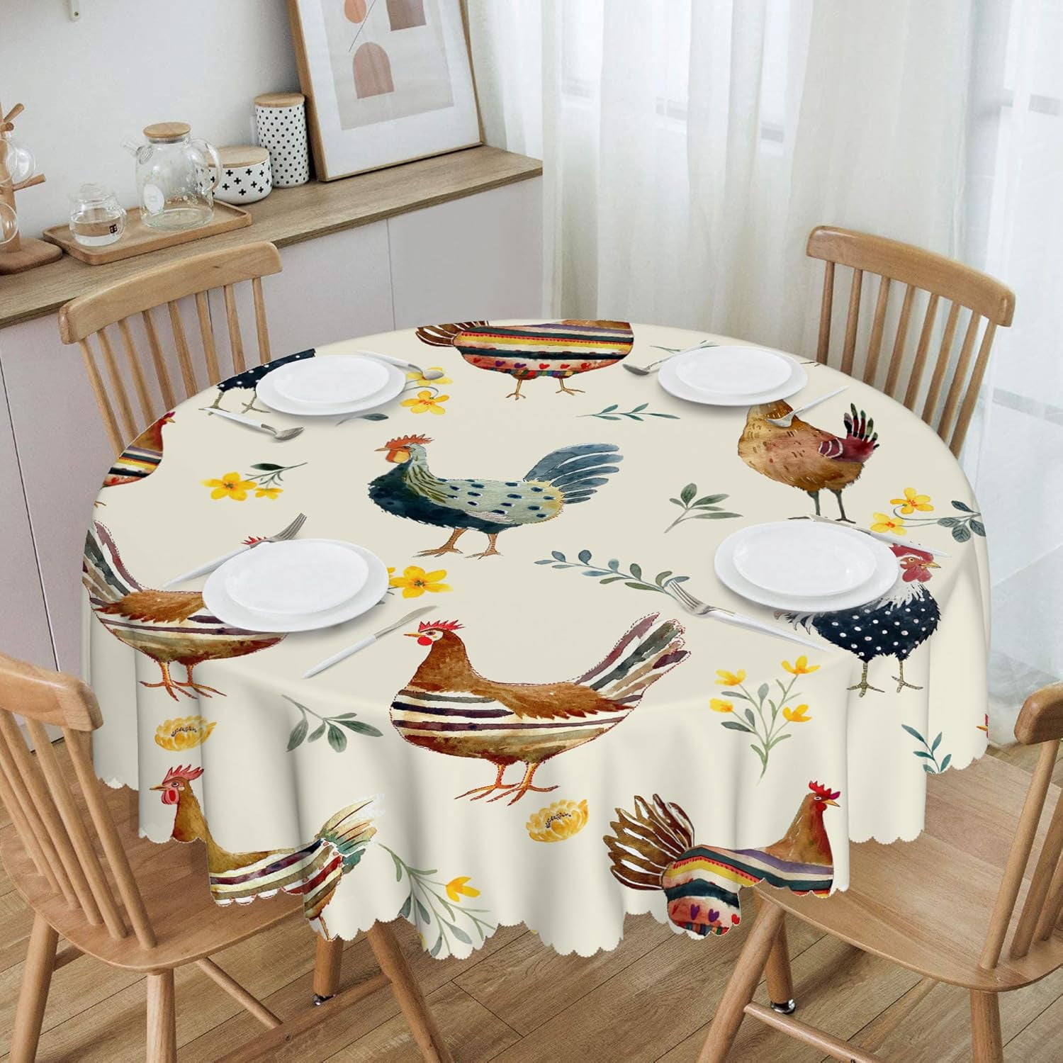 Round Tablecloth 60 inch, Vintage Rooster Round Table Cloth, Stain ...
