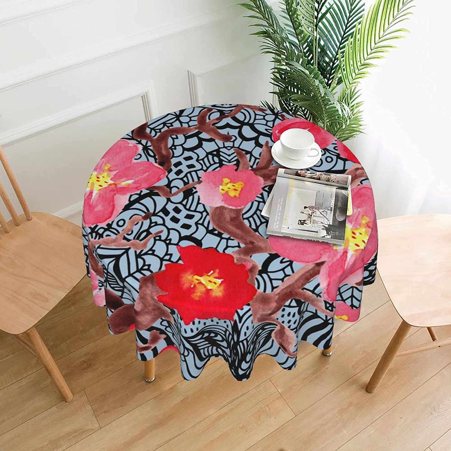 Round Tablecloth Boho Pattern Botanical Japanese Cherry Blossom ...