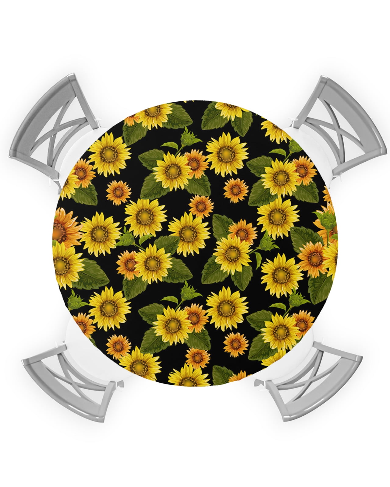 Round Tablecloth with Elastic Blooming Sunflower Park Waterproof Stain ...