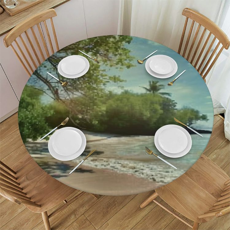 Round Tablecloth with Elastic Edge, Ocean al Palm Trees on Sunny Island ...