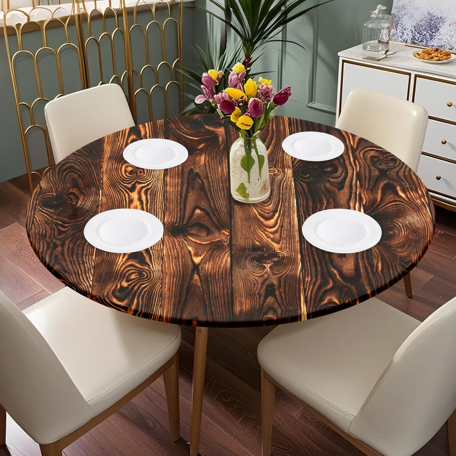 Round Tablecloth with Elastic Edge Protective, Wipeable Round Table ...