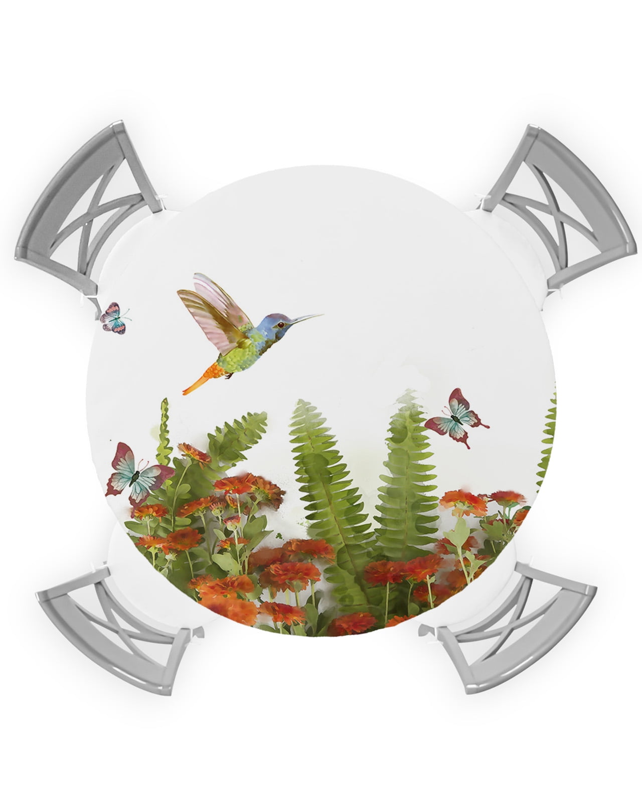 Round Tablecloth with Elastic Illustrated Spring Plant Vine Hummingbird ...