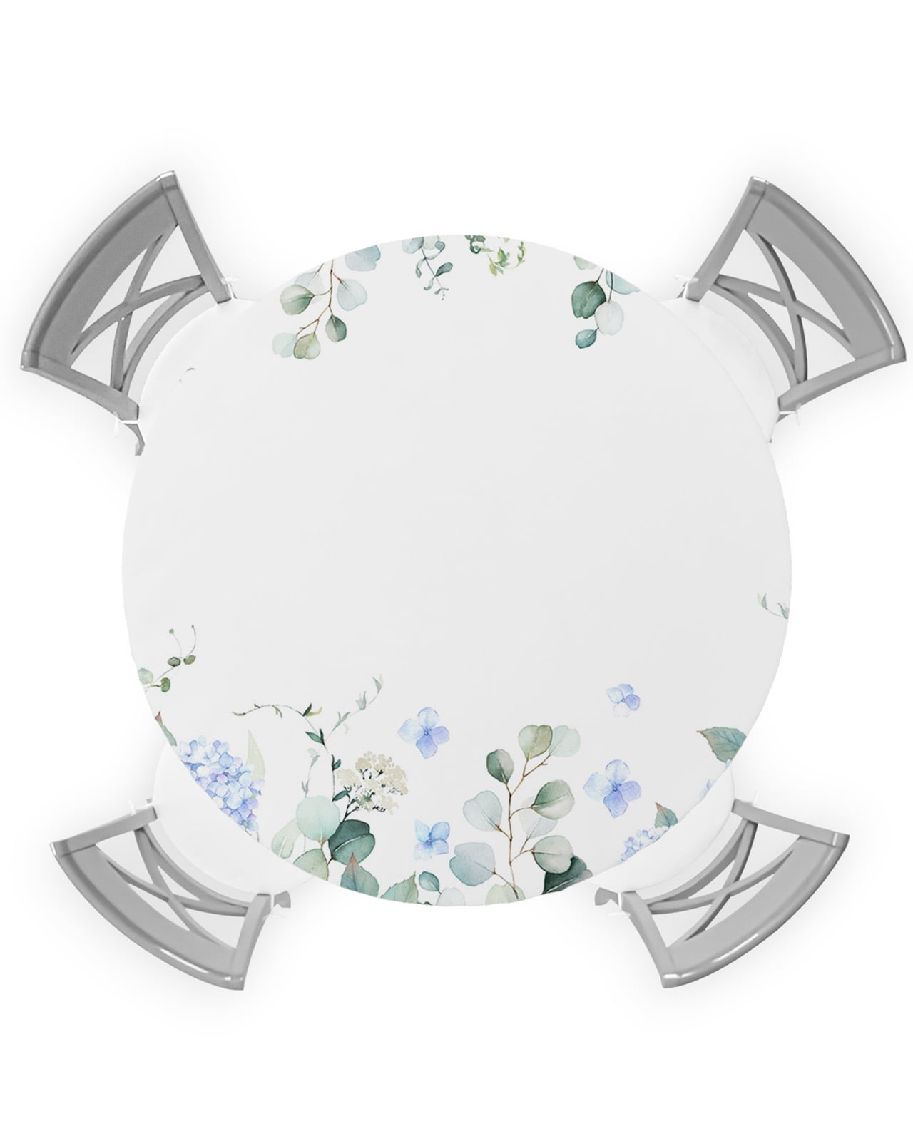 Round Tablecloth with Elastic Plants Floral Blue Hydrangea Eucalyptus ...