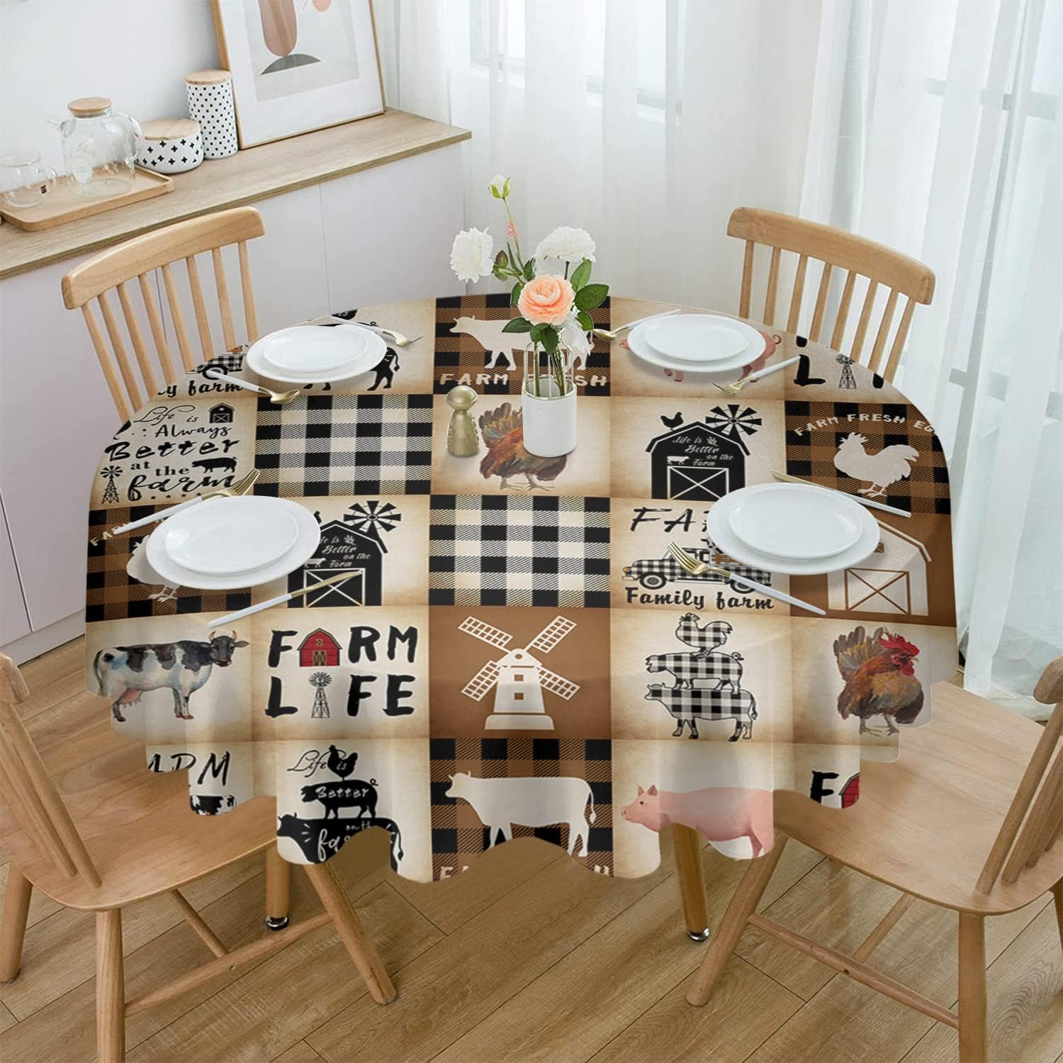 Round Tablecloth,Farm Animals Cow Pig Chicken Brown Buffalo Plaid ...