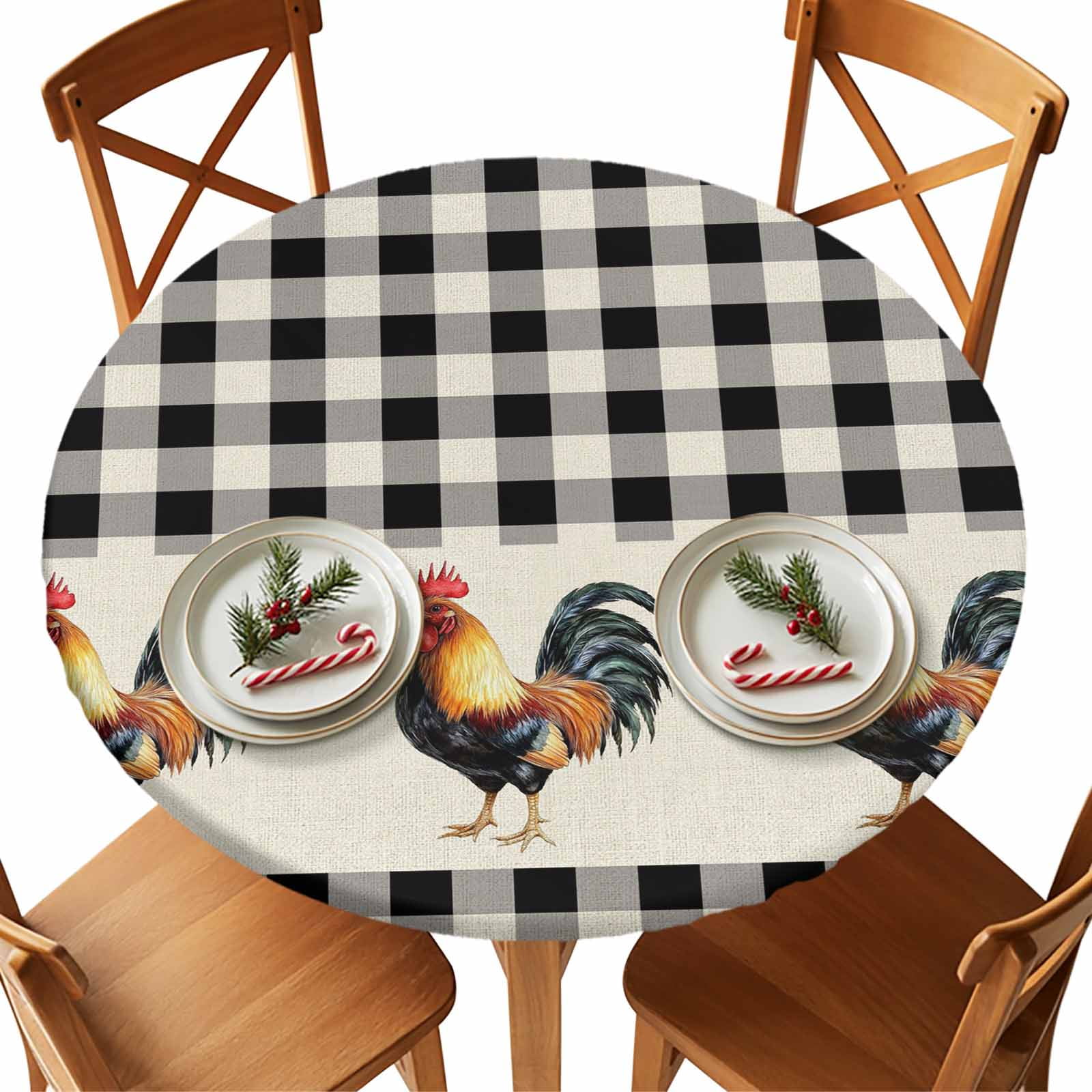 Round Tablecloth Farmhouse Rooster Elastic Edge Fitted Vintage Black ...
