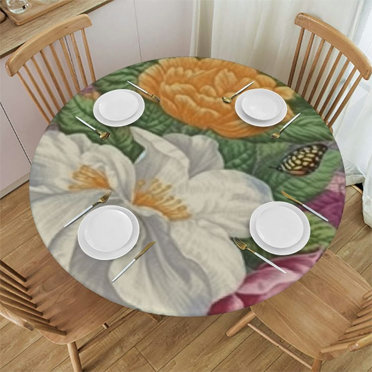 Round Tablecloth Fit Elastic Tablecloth Lily Orchid Rose Tulip Roses ...