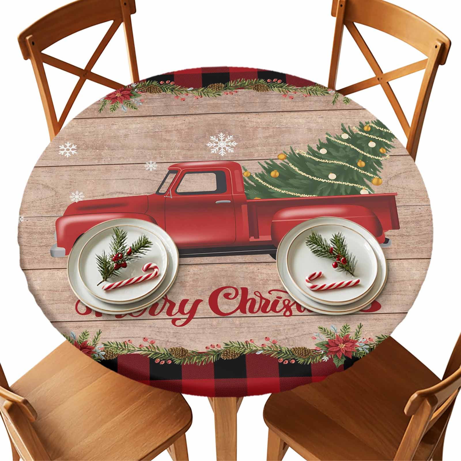 Round Tablecloth Merry Christmas Elastic Edge Fitted Red Farm Truck ...