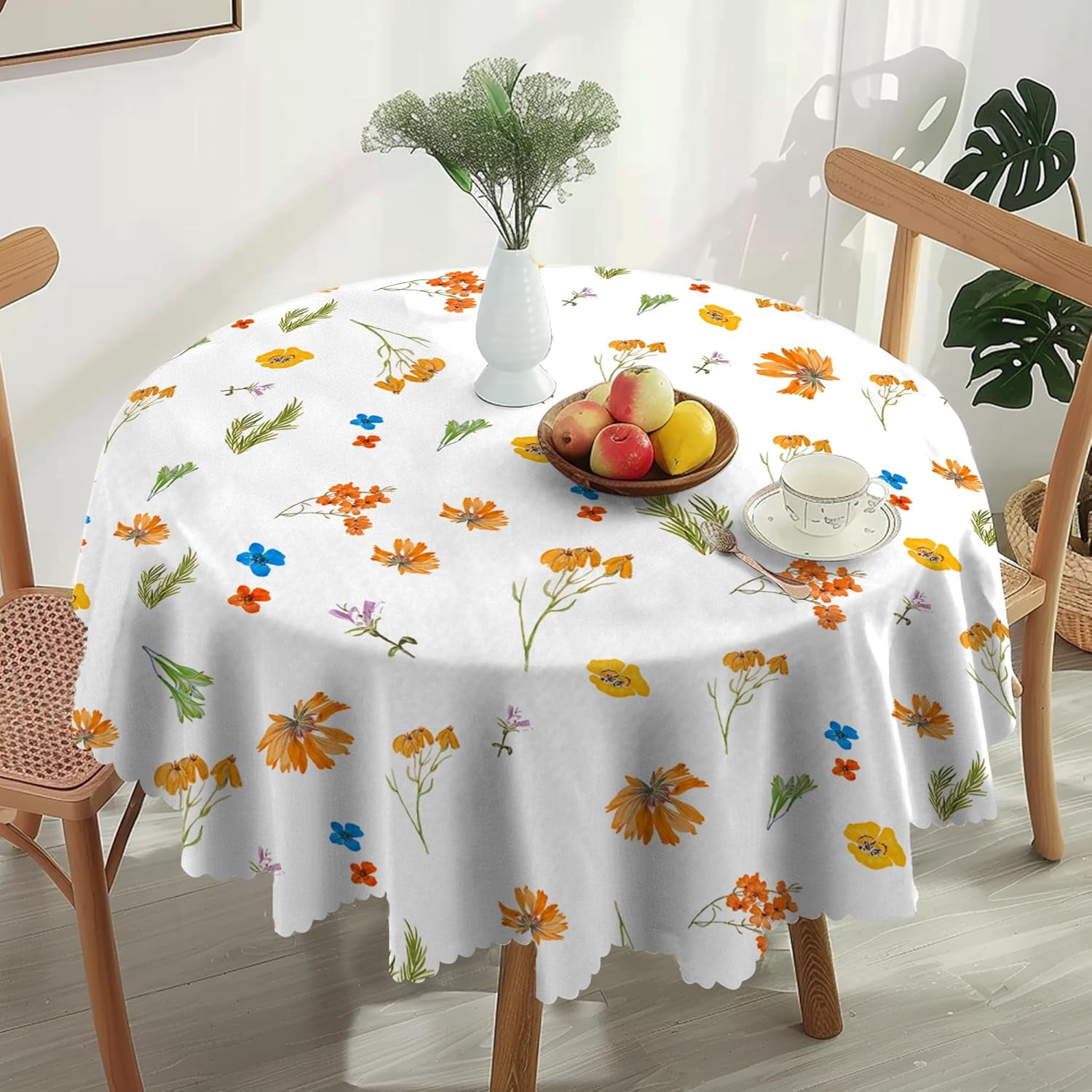Round Tablecloth Orange Blue Floral Polyester Waterproof Stain ...