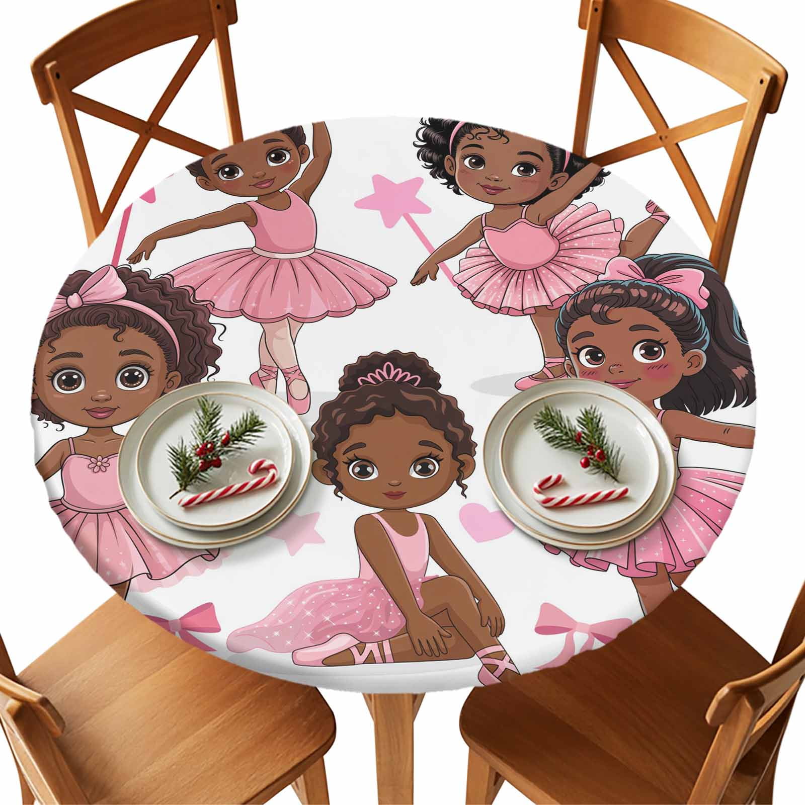 Round Tablecloth Pink Bow Ballet Cute Girl Elastic Edge Fitted ...