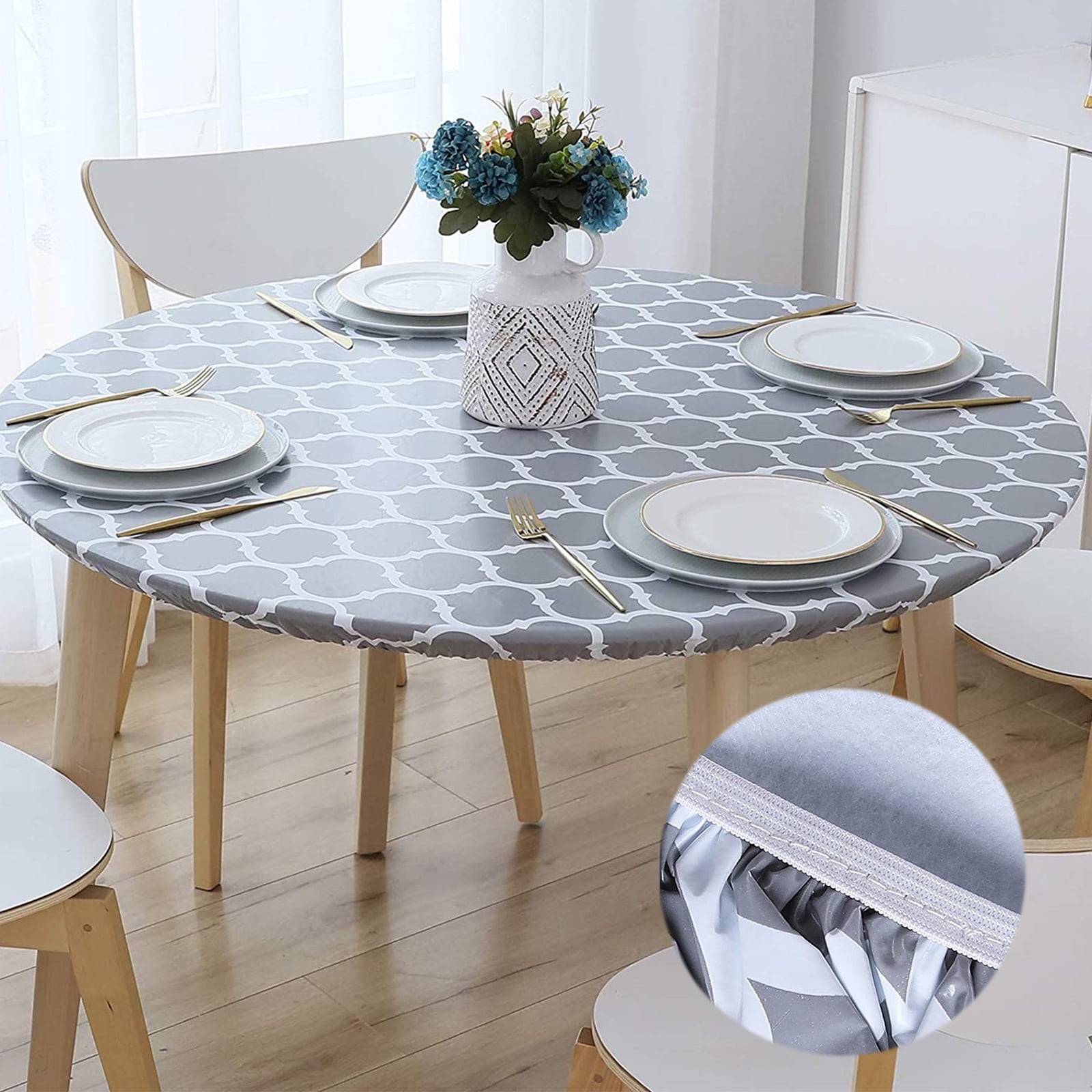 Round Tablecloth Table Cover,Waterproof Wipeable Covers Elastic Edged ...