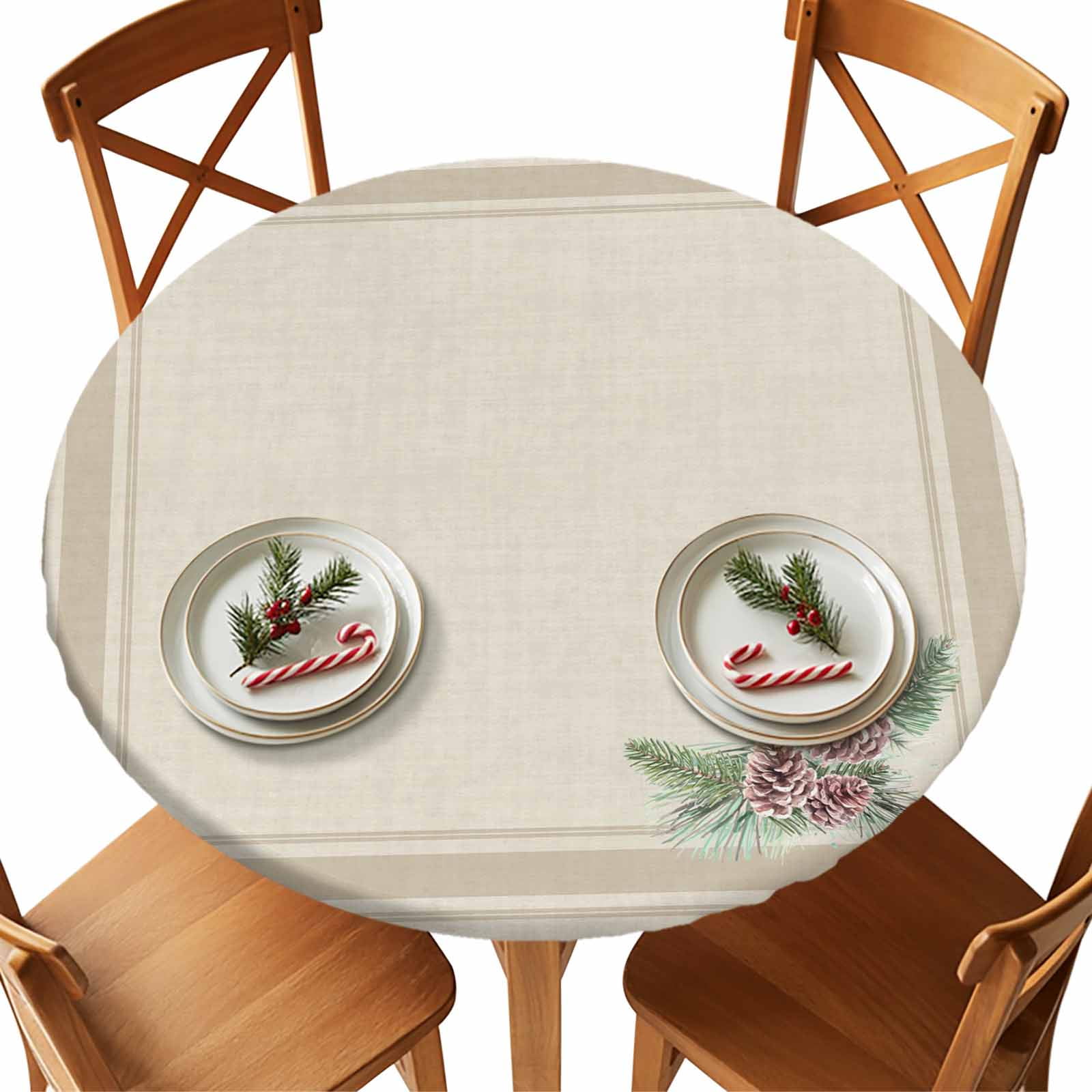 Round Tablecloth Winter Pine Branches Christmas Elastic Edge Fitted ...