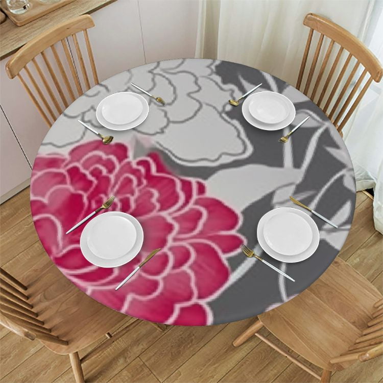 Round Tablecloth with Peony Flower Pattern Table Cover Wipeable Fitted ...
