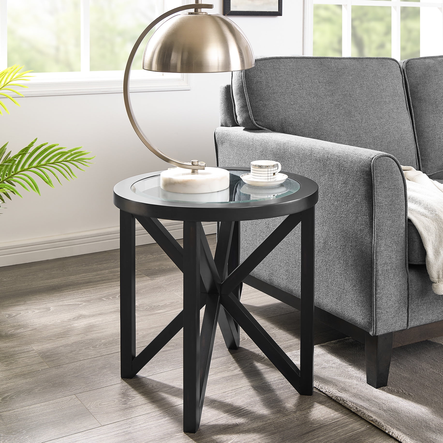 Round Tempered Glass Coffee Table With Solid Wood Base - Modern Style ...