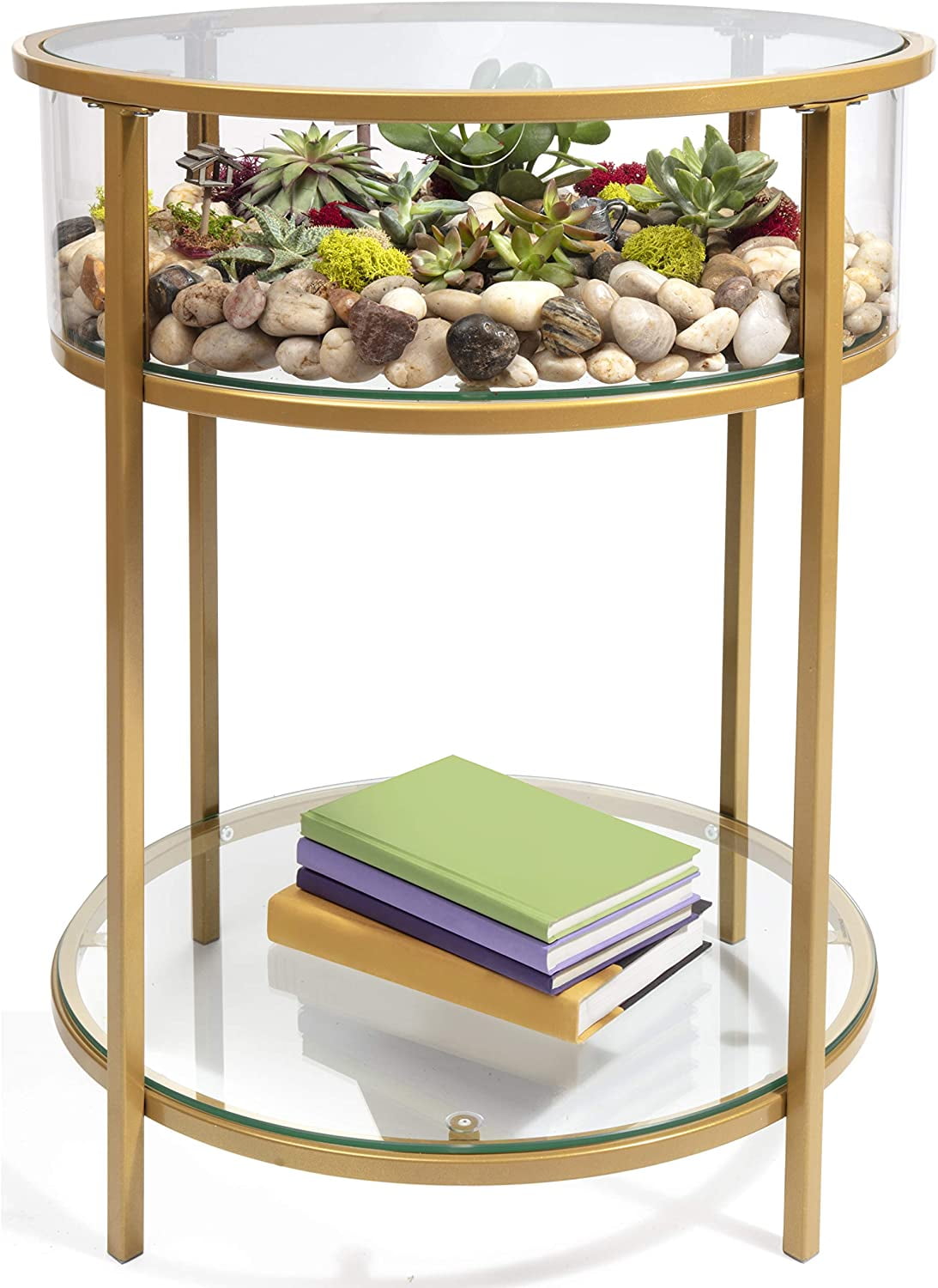 "Gold Iron Round Terrarium Display End Table with Reinforced Glass, 20 ...