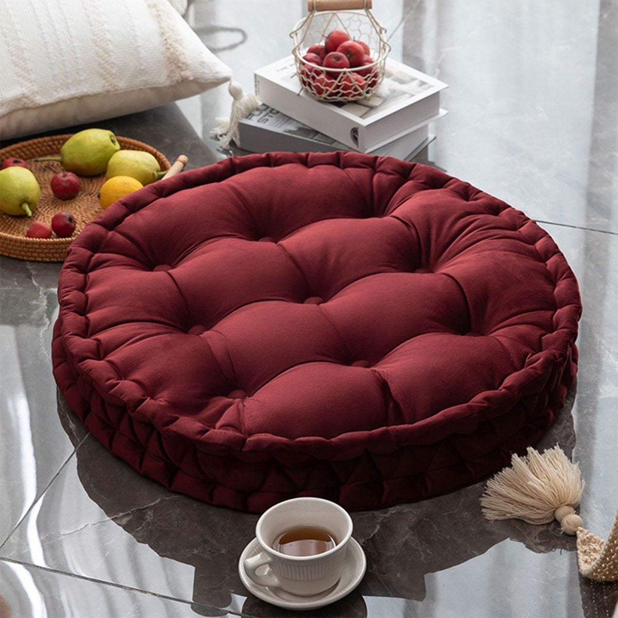 Round Thick Floor Seating Cushions, 23.6" x 23.6" Solid Velvet Tufted ...