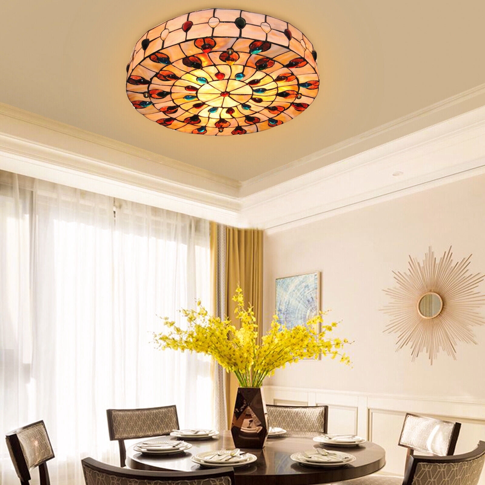 Round Tiffany Style Stained Glass Flush Mount Ceiling Lamp Light ...