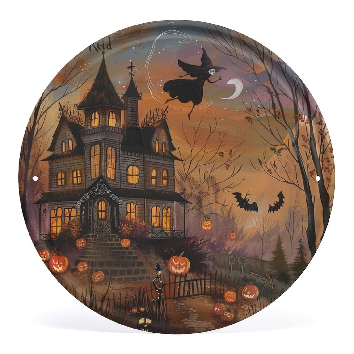 Round Tin Sign Autumn Halloween Retro Metal Tin Sign Haunted House with ...