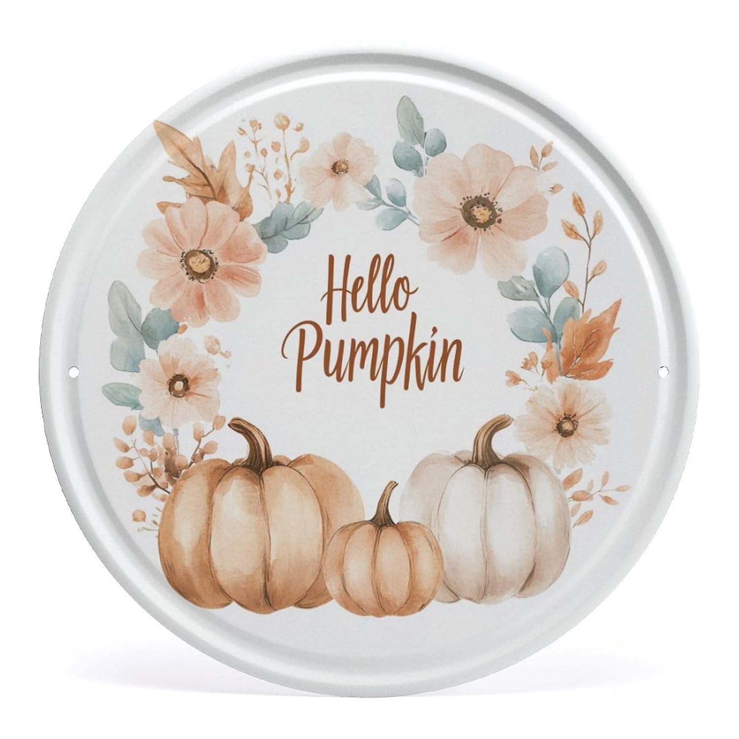 Round Tin Sign Beige Orange Pumpkins Leaves Floral Retro Metal Tin Sign ...