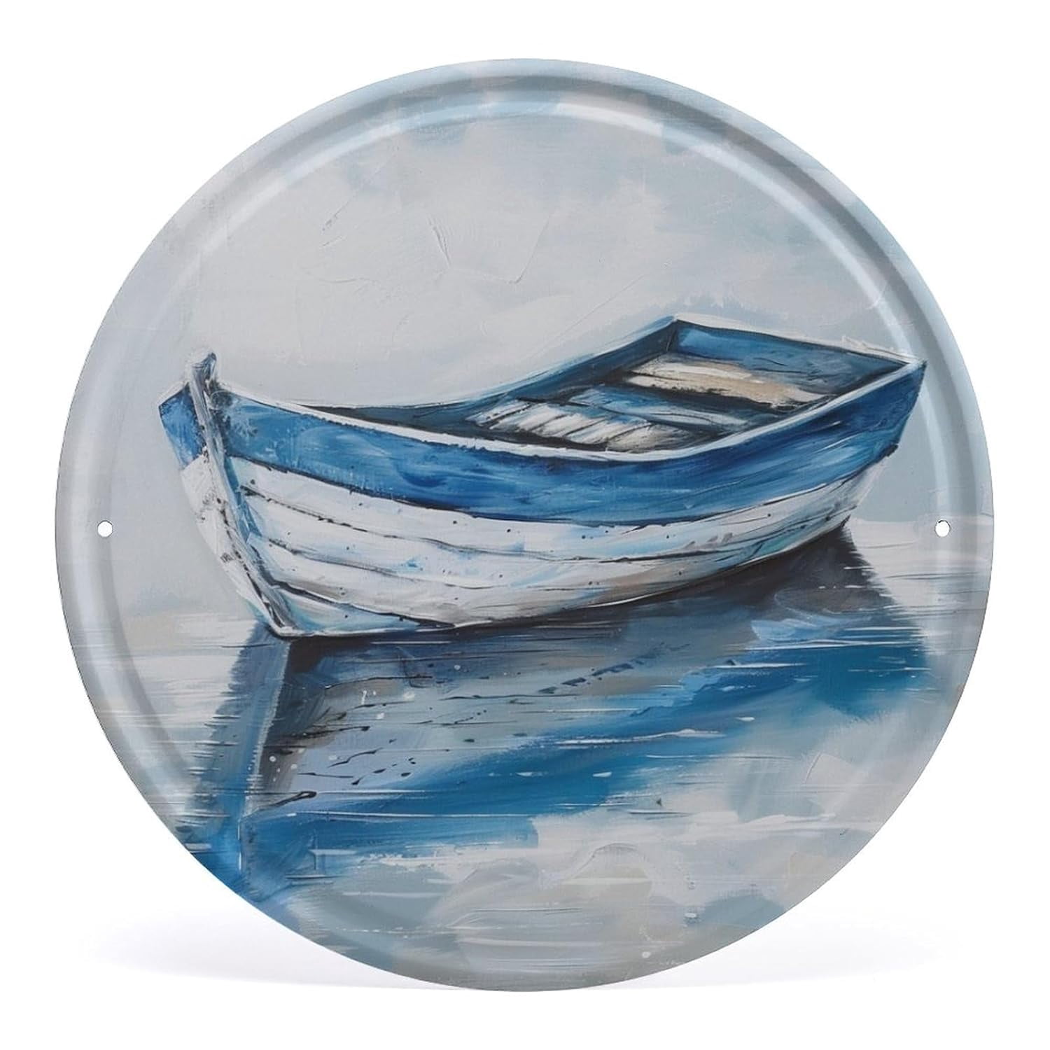 Round Tin Sign Blue And White Rowboat on The Water Metal Poster Plaque ...