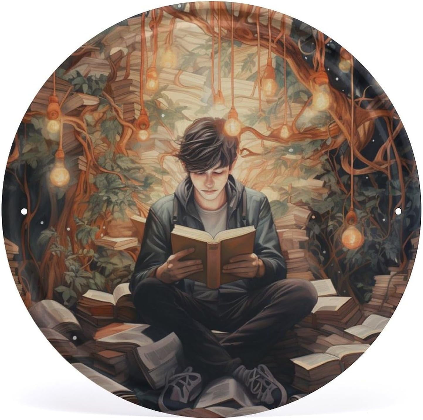 Round Tin Sign Bookworm With Tree Artwork In Oil Paint Vintage Metal ...