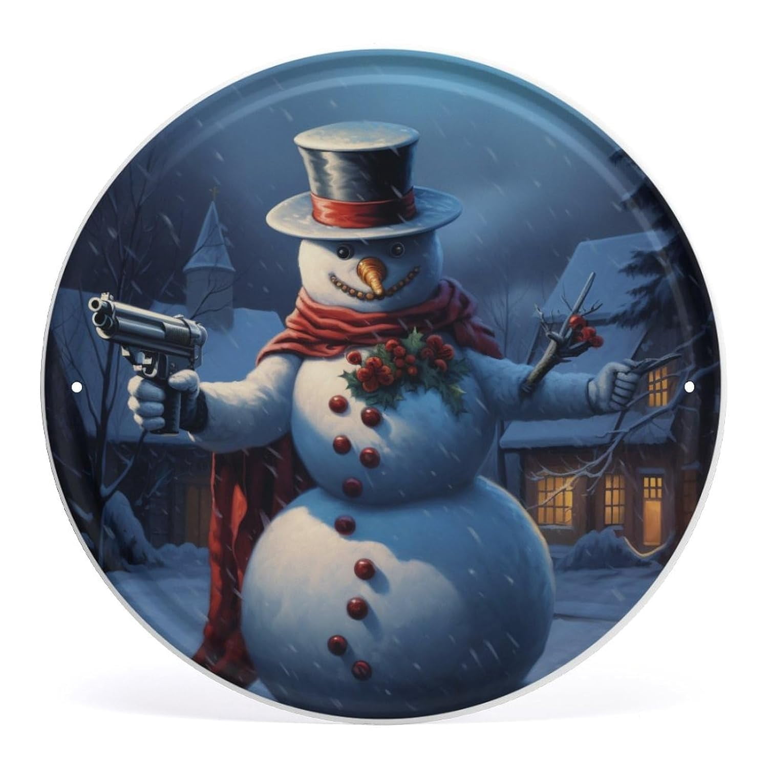 Round Tin Sign Cool Snowman Retro Metal Happy Winter Holiday Vintage ...