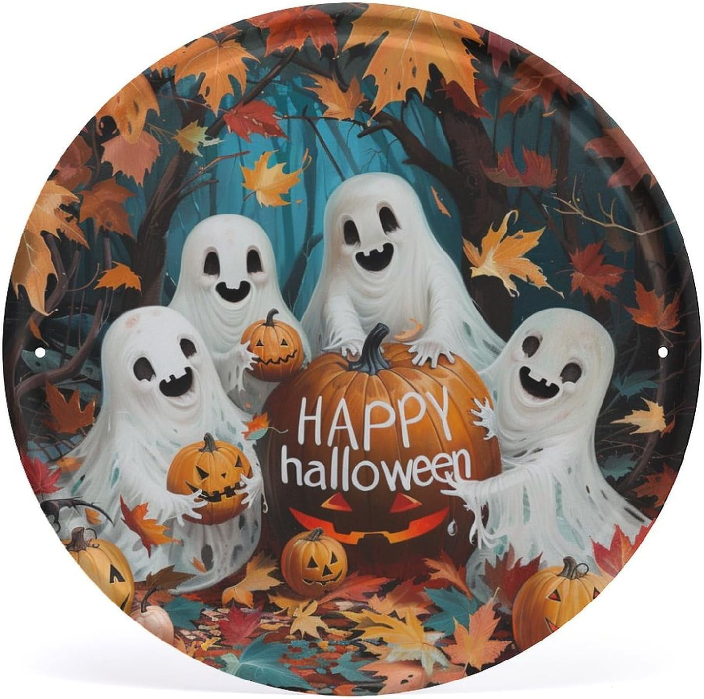Round Tin Sign Ghosts And Pumpkins Vintage Metal Sign Vintage Halloween ...