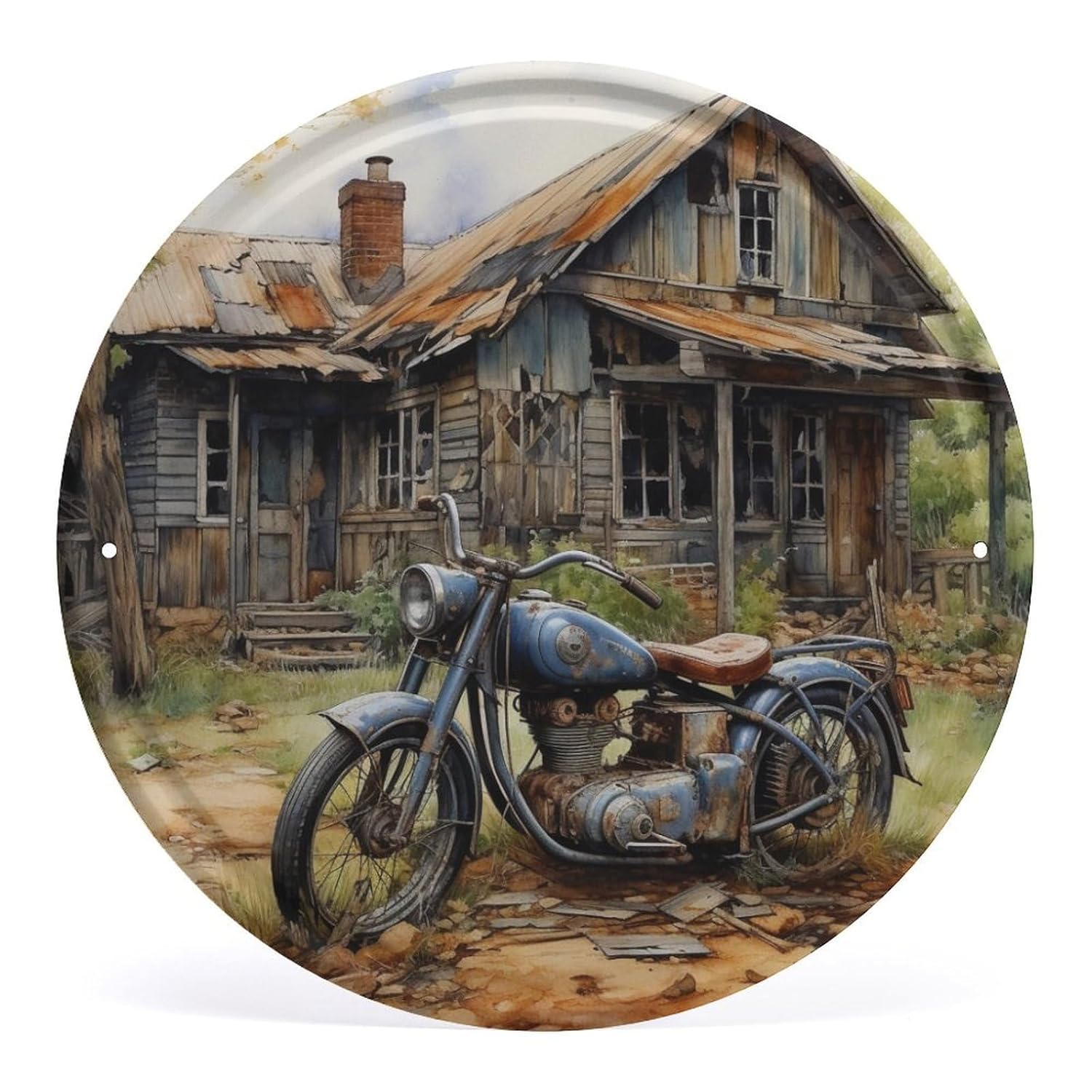 Round Tin Sign Old Motorcycle And Old House Art Vintage Posters Retro ...