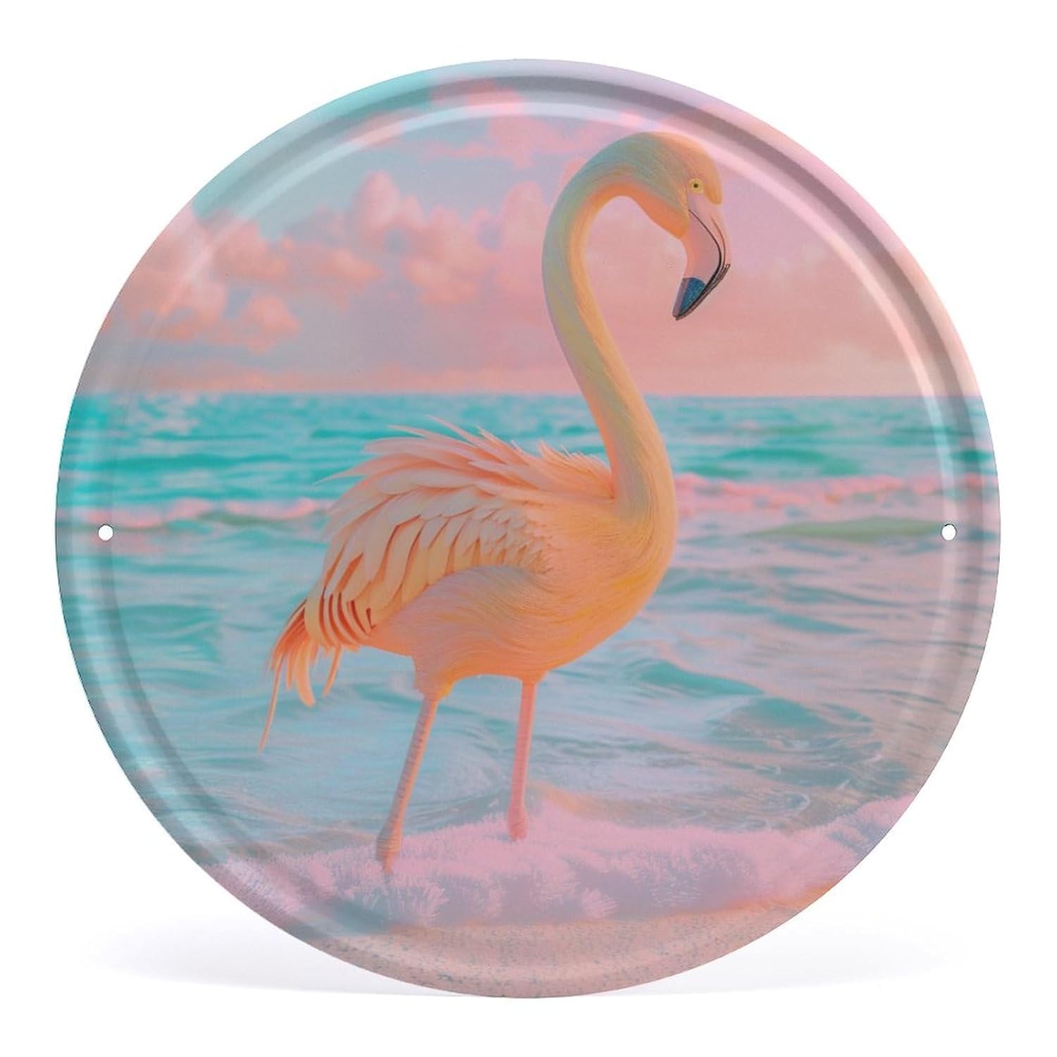Round Tin Sign Pink Bird Aluminum Metal Signs Pink And Yellow Flamingo ...