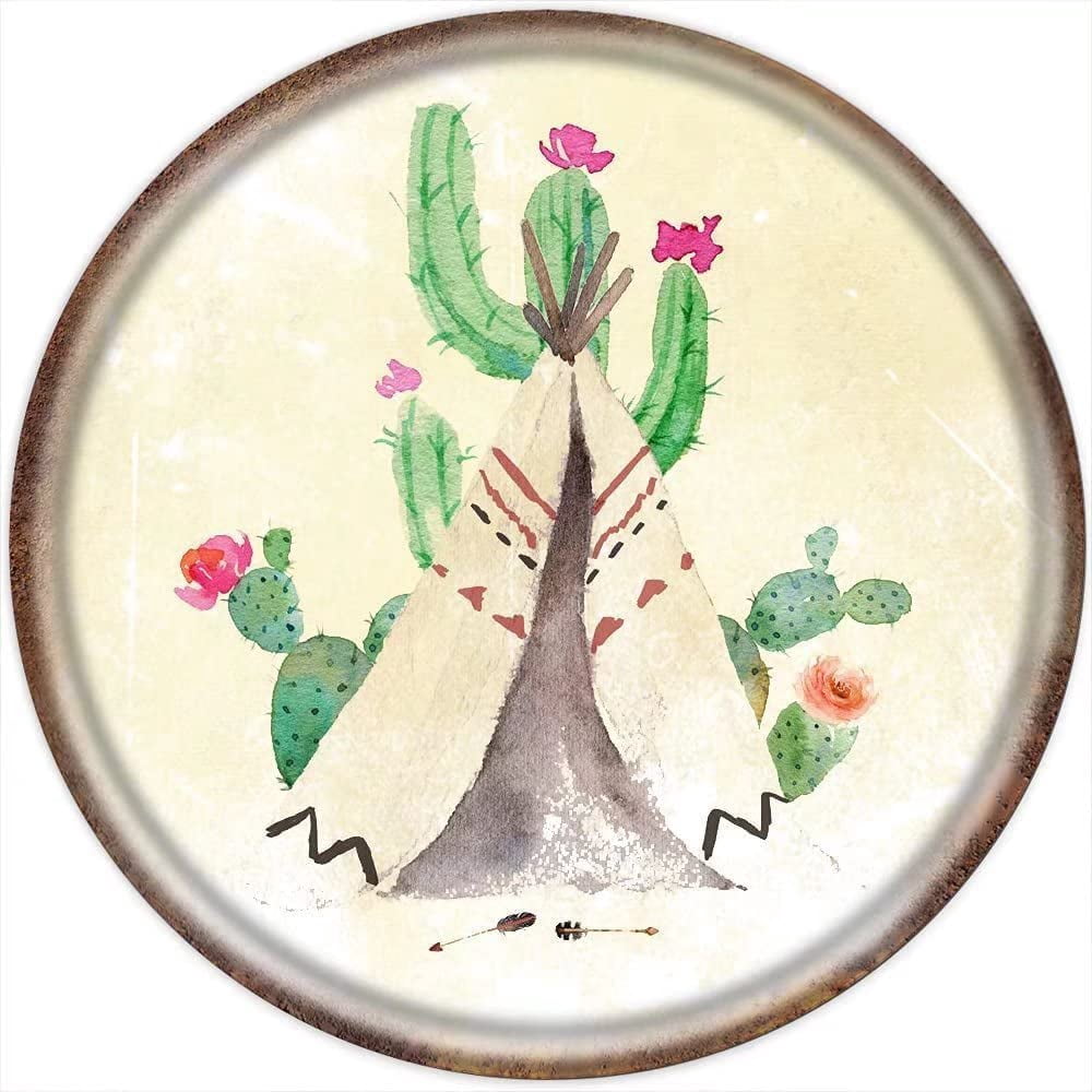 Round Tin Sign Southwestern Tribal Cactus Artwork Signs For Home ...