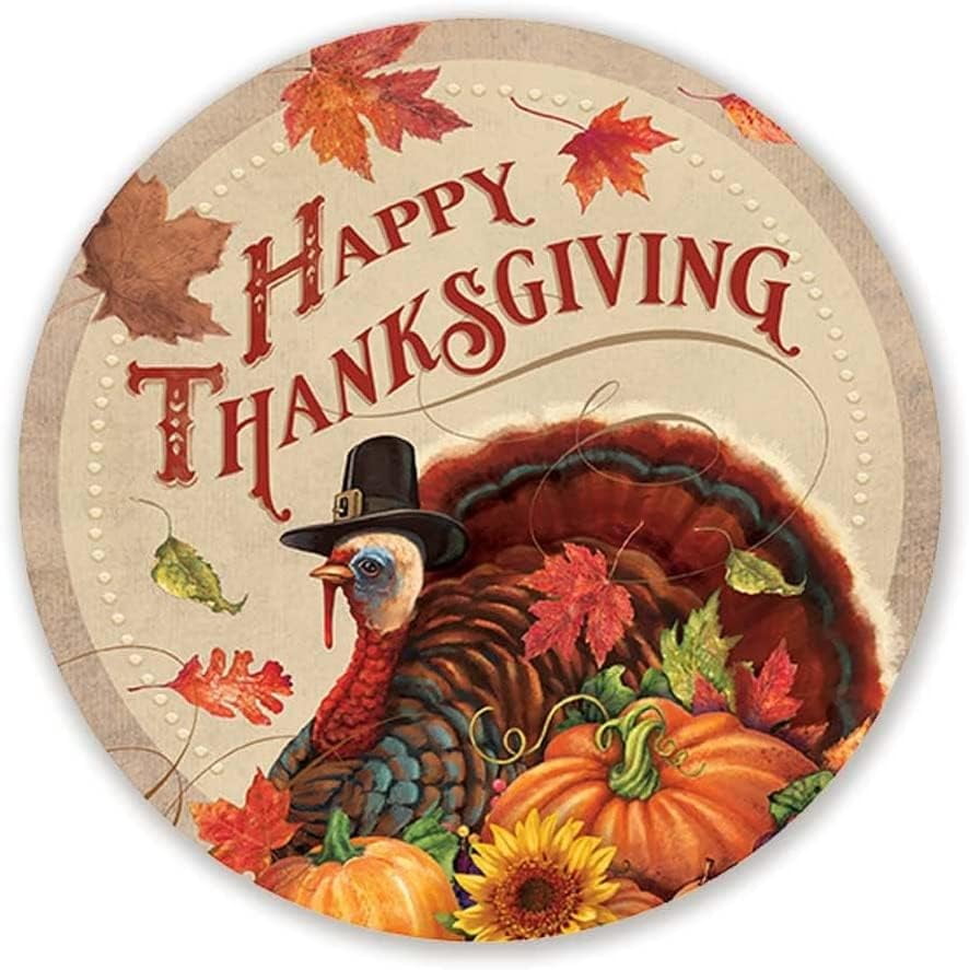Round Tin Sign Wall Decor Happy Thanksgiving Turkey With Pilgrim Hat ...