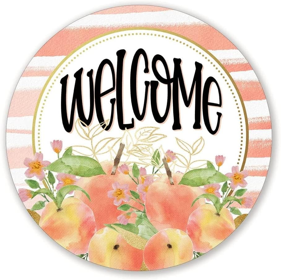 Round Tin Sign Wall Decor Welcome Peach And Gold Metal Wreath Sign For Spring Wreaths And Summer ...