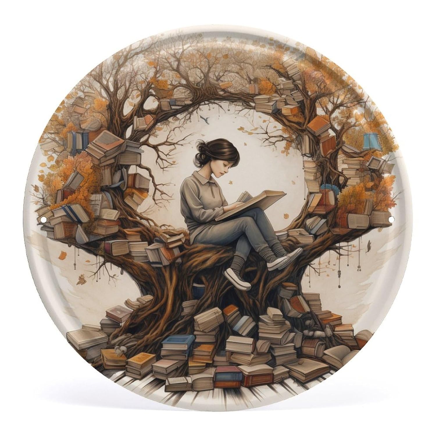 Round Tin Sign Woman Reding Books Under The Tree Decorative Outdoor ...