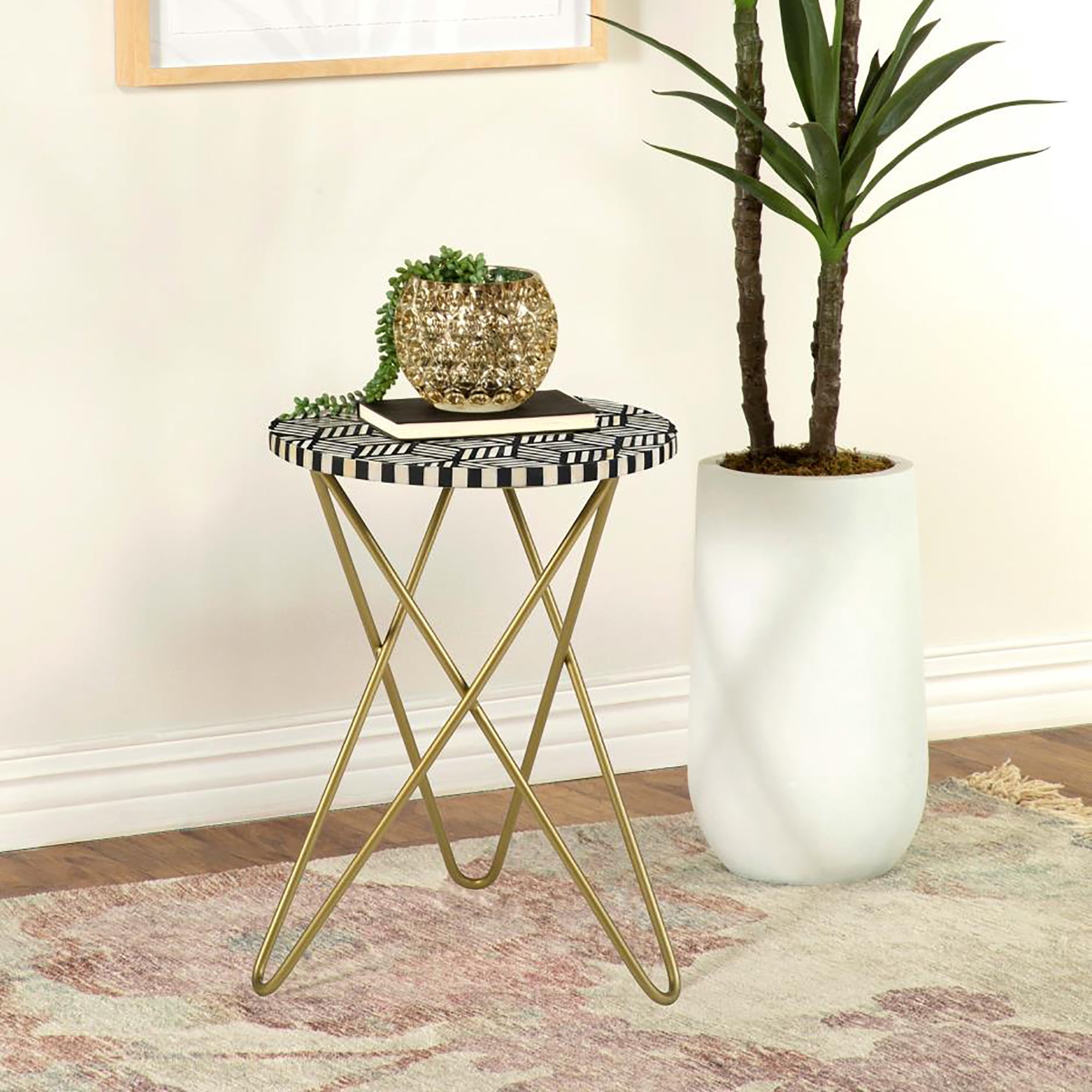 Round Travertine Accent Table with Gold Hairpin Legs - Mosaic Coffee ...